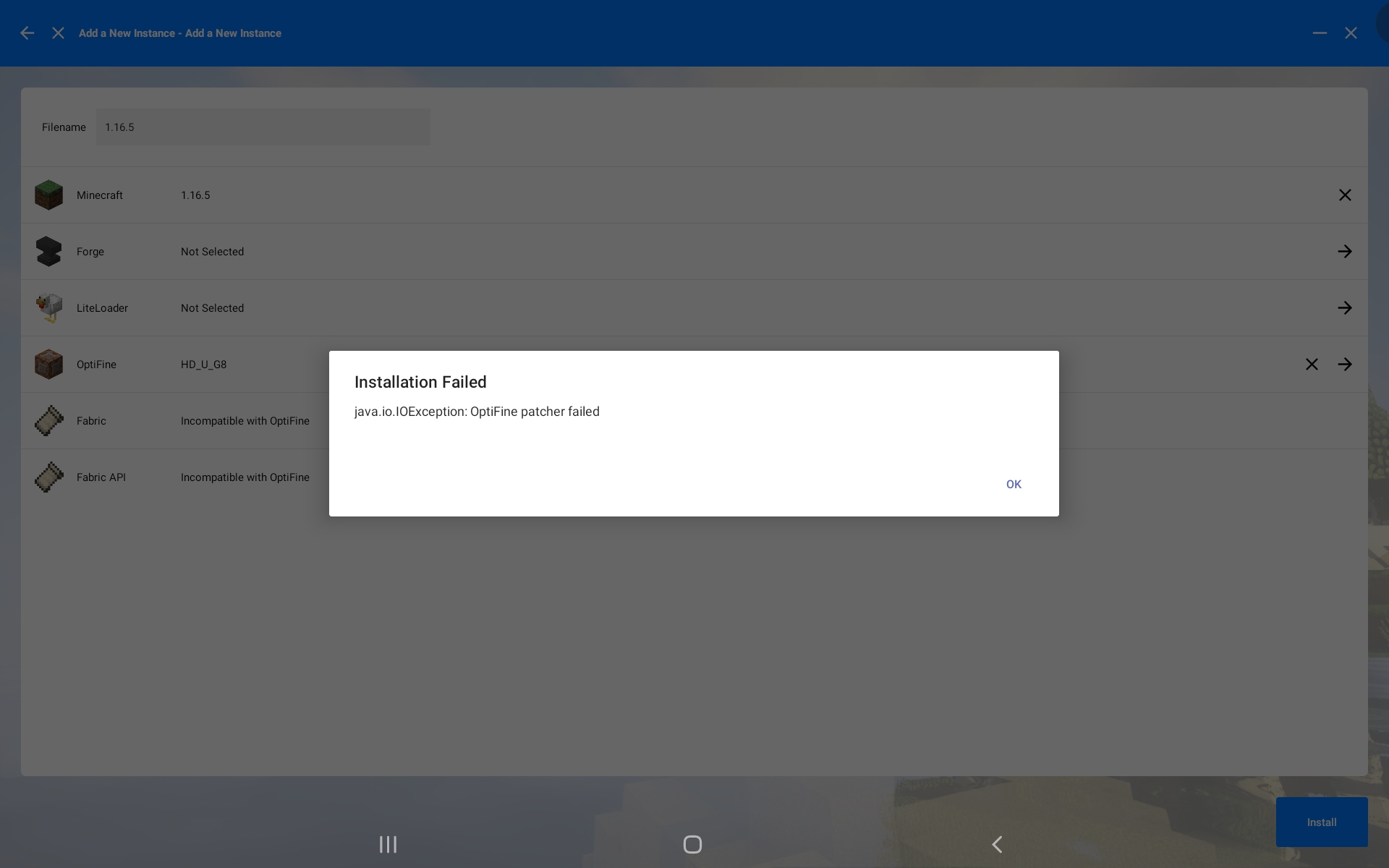 (OptiFine issue) Optifine patcher failed · Issue #107 · HMCL-dev/HMCL-PE · GitHub