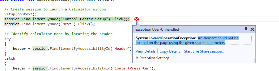 Getting An Element Could Not Be Located On The Page Using The Given Search Parameters When