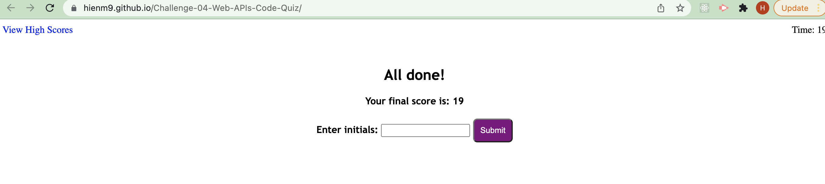 GitHub - hienm9/Code-Quiz: A timed multiple choice quiz that stores high scores using Javascript