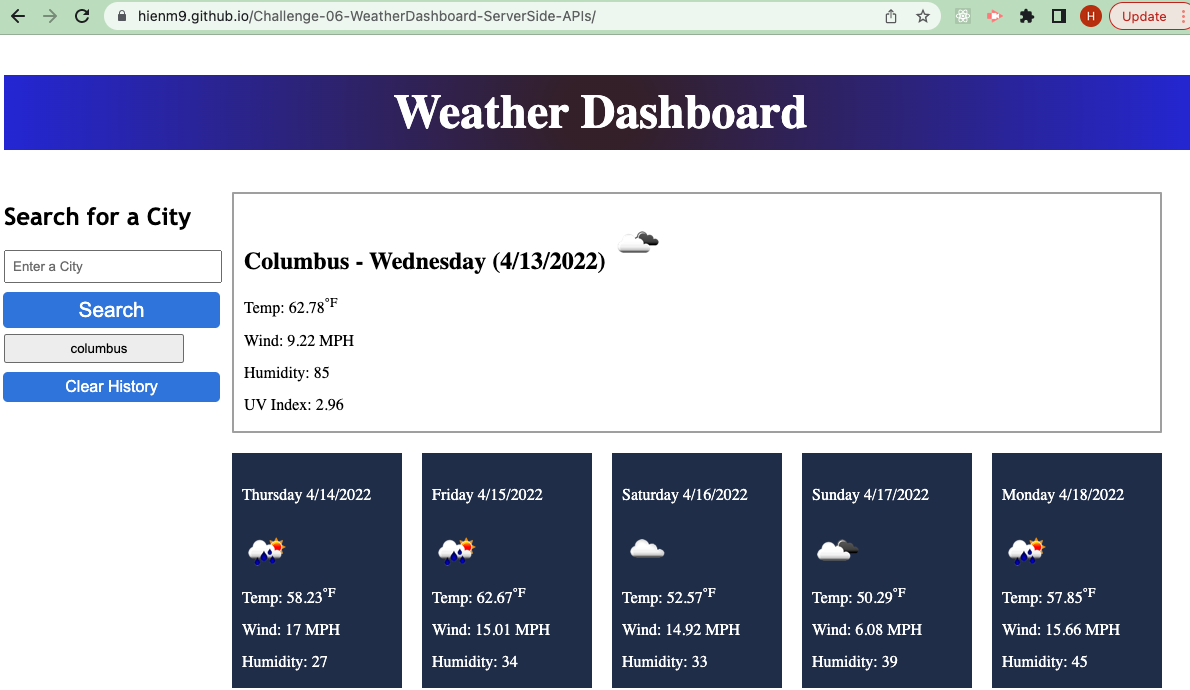 GitHub - hienm9/WeatherDashboard: A simple front end application that allows user to search for ...