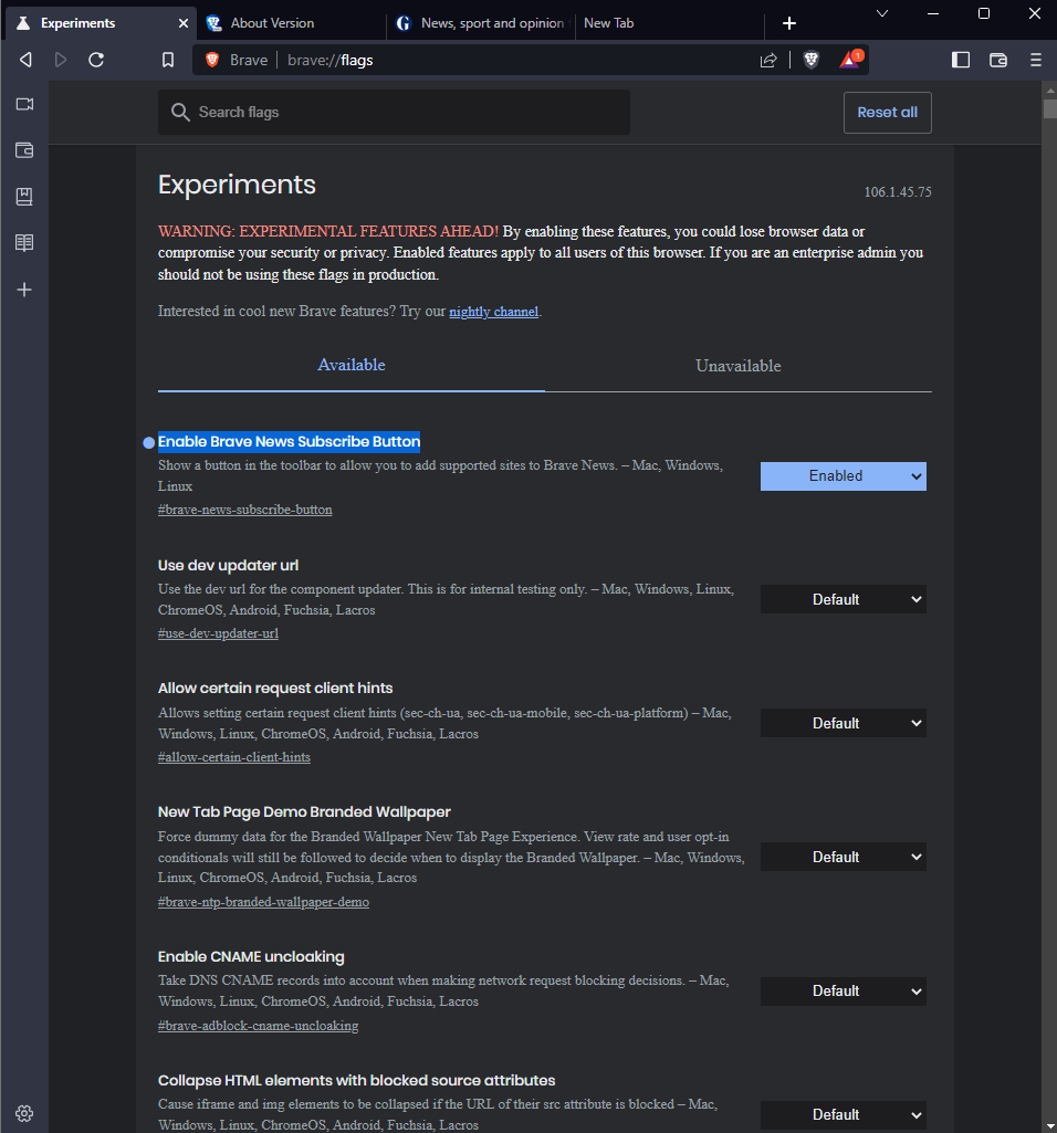 `Manage subscriptions` icon still shown and able to subscribe when `Show Brave News` toggled OFF ...