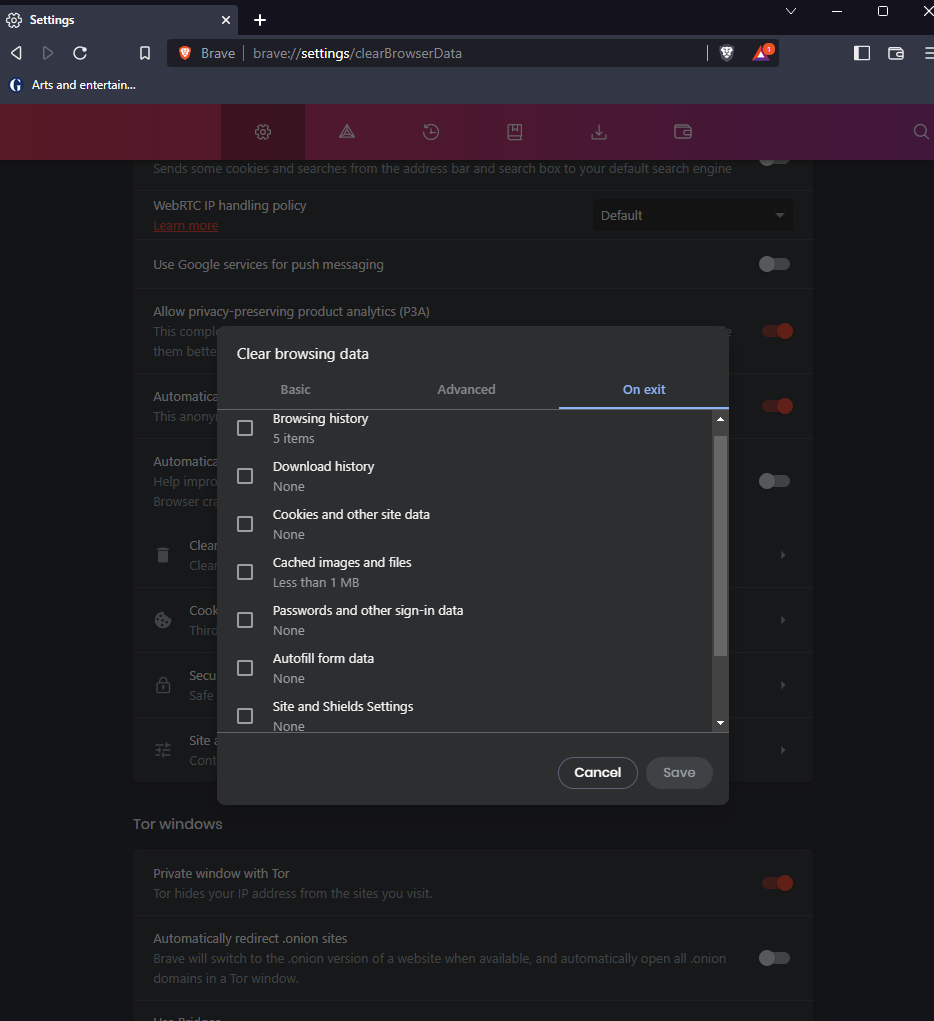 `On exit` tab doesn't list items beneath the `Passwords and other sign-in data` and `Autofill ...