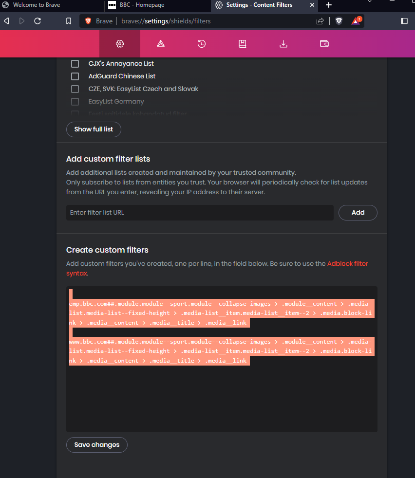 [CR109] Custom Filters textbox appearance in brave://adblock has ...