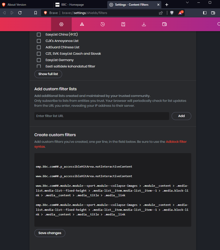 [CR109] Custom Filters textbox appearance in brave://adblock has ...