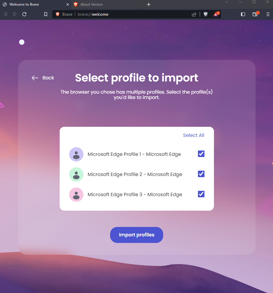 Single imported profile is shown in the Profile manager/Profiles list ...