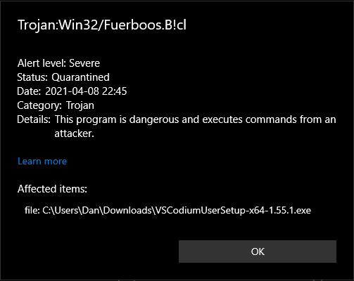 Possible false positive virus detected: Win32/Fuerboos.B!cl · Issue #699 · VSCodium/vscodium ...