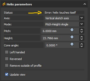 [Bug] Subtractive helix with pitch equal to the profile height results in error (new in 20.x ...