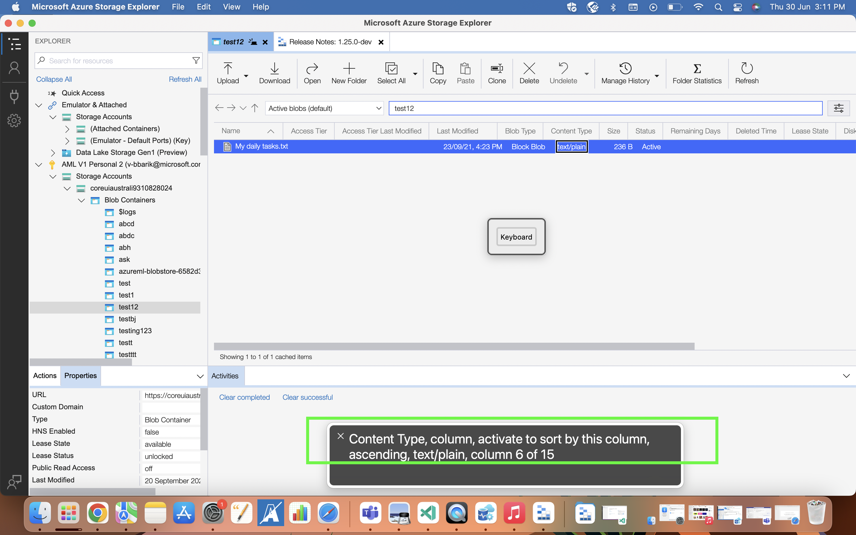 A11y_Azure Tools Storage Explorer_Blob Container Table_Table_ScreenReader: When the voiceover ...