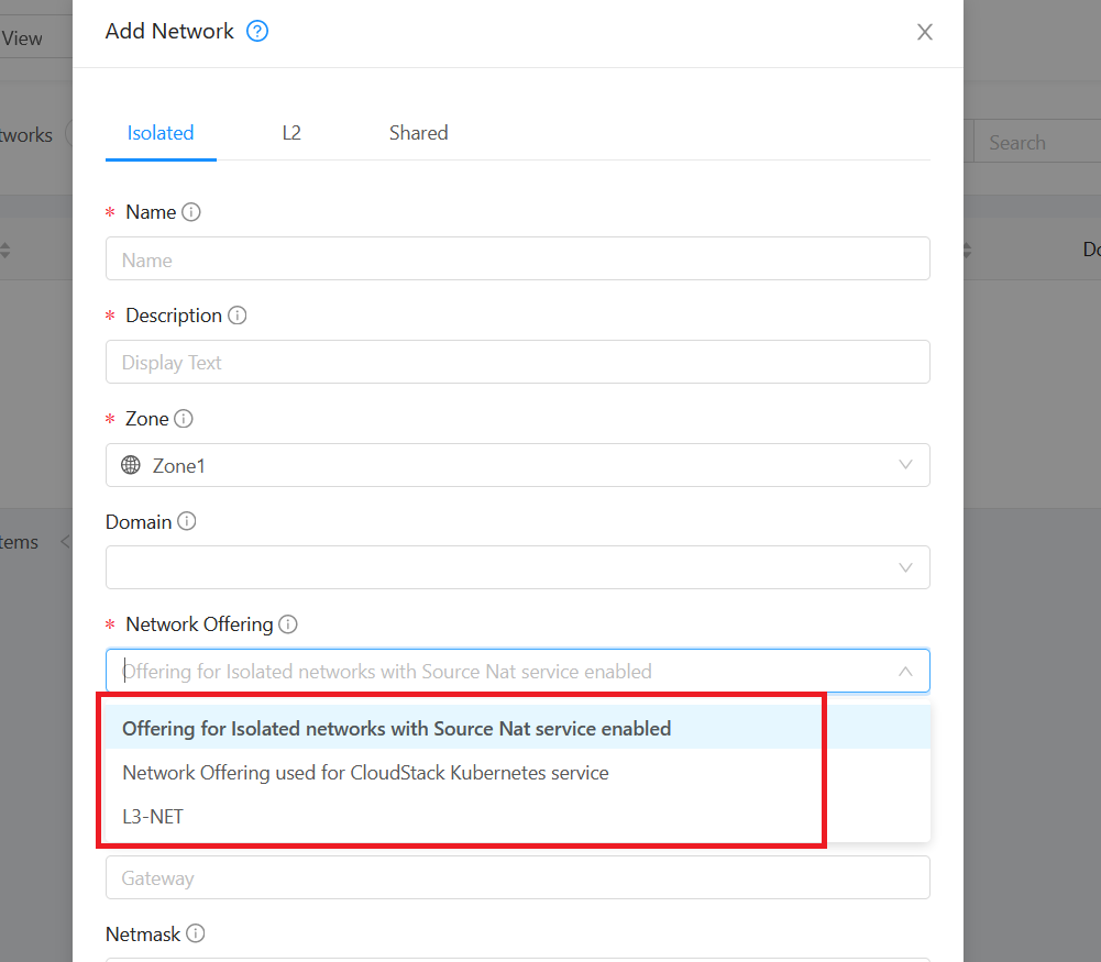 Add Network : Network Offering Drop down is not showing "Offering for Isolated networks with no ...