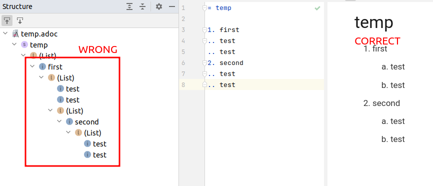 Wrong nesting of ordered and unordered lists · Issue #1346 · asciidoctor/asciidoctor-intellij ...