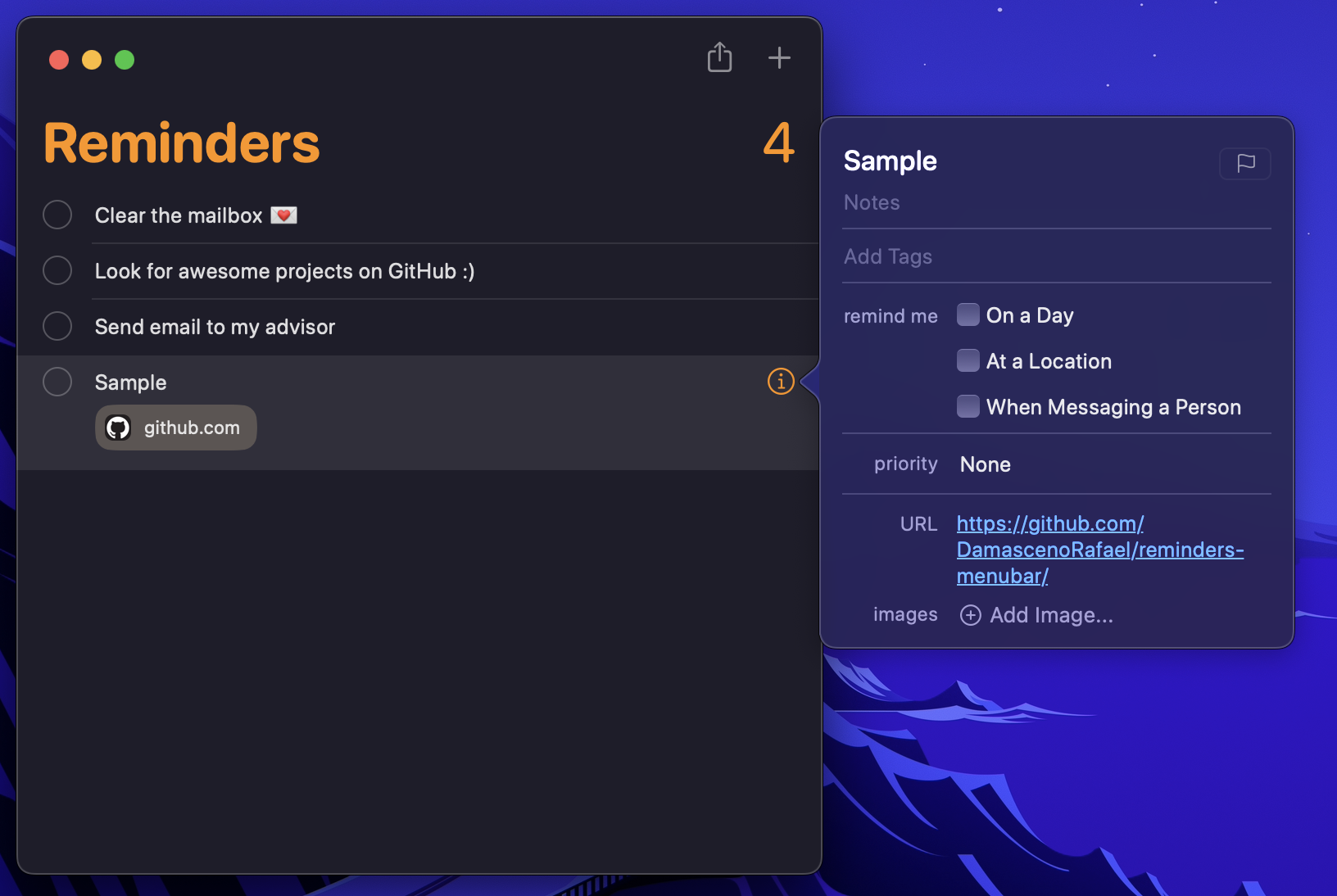Feature Request: Clickable URL Link · Issue #90 · DamascenoRafael/reminders-menubar · GitHub
