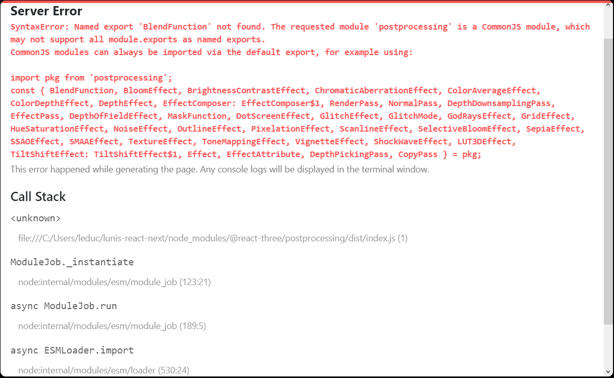 Named export 'BlendFunction' not found with NextJS · Issue #198 · pmndrs/react-postprocessing ...