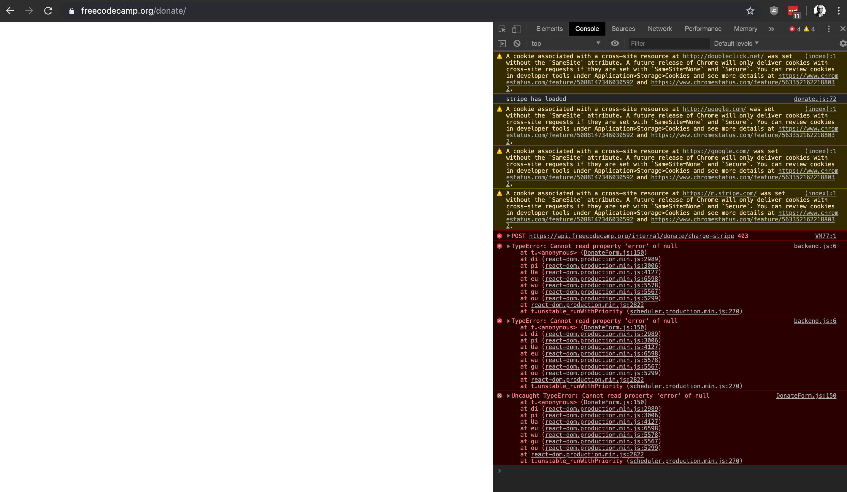 Donate page crashes upon credit card submission · Issue #37403 · freeCodeCamp/freeCodeCamp · GitHub