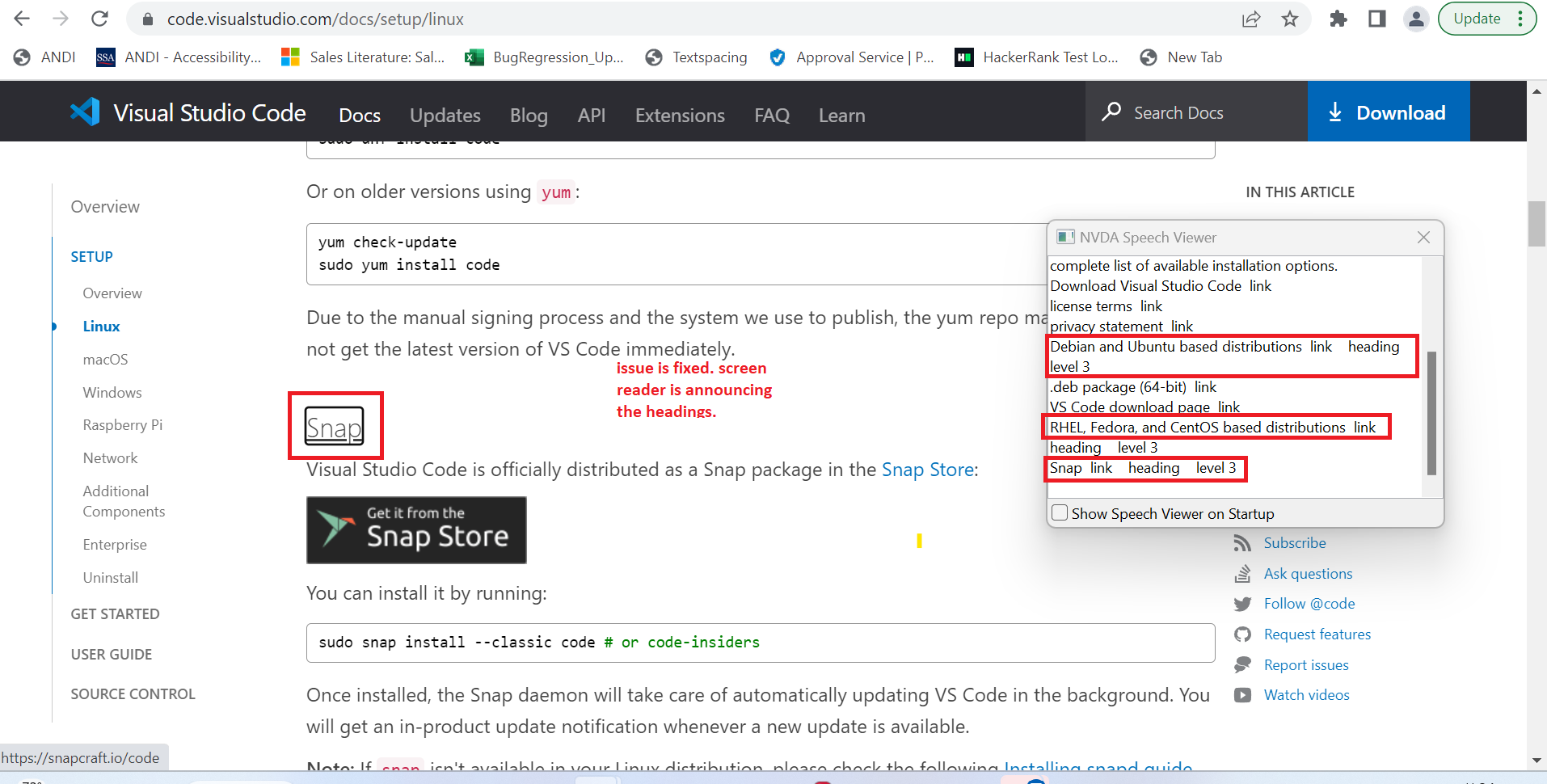 A11y_Visual Studio Code_Docs Setup_Link Purpose: NVDA/Narrator is not reading corresponding ...