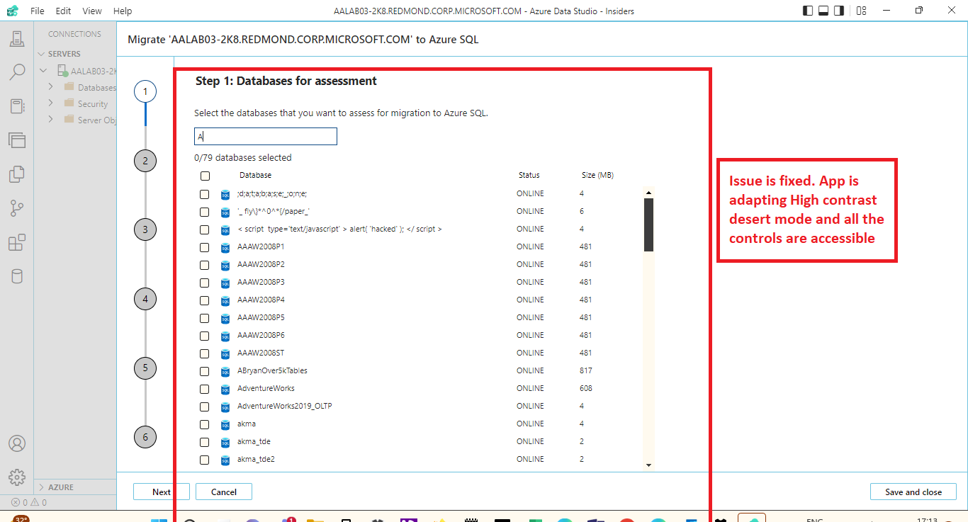 A11y_Azure Data Studio extension 'Azure SQL Migration'_Databases for assessment_High Contrast ...