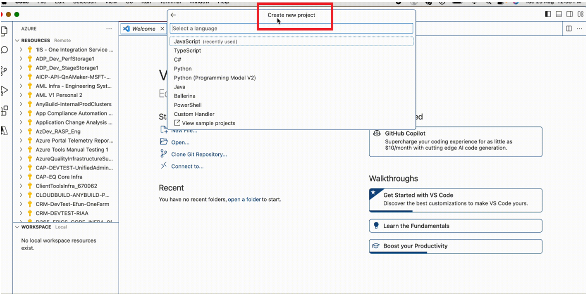 A11yazure Tools For Vs Codeazure Functioncreate New Projectscreen Reader Voice Over Is Not