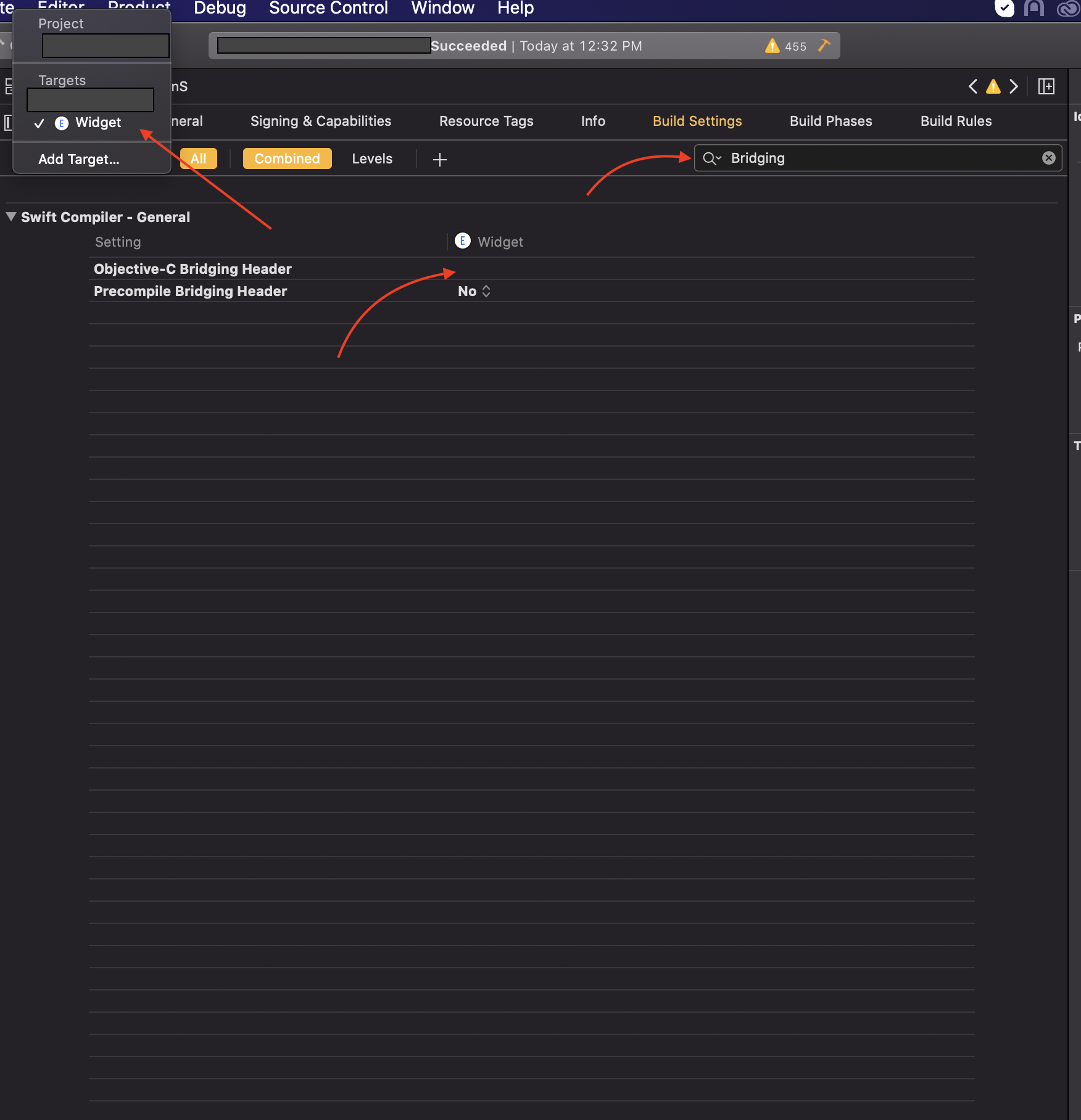 Bridging header is getting added into the Widget/Extension as well causing build process to fail ...