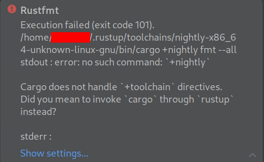 Error with non-default rustfmt channel · Issue #9512 · intellij-rust/intellij-rust · GitHub