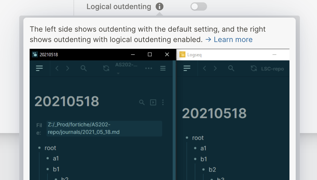 Clicking Info Button Next To Logical Outdenting Doesnt Do Anything · Issue 7785 · Logseq
