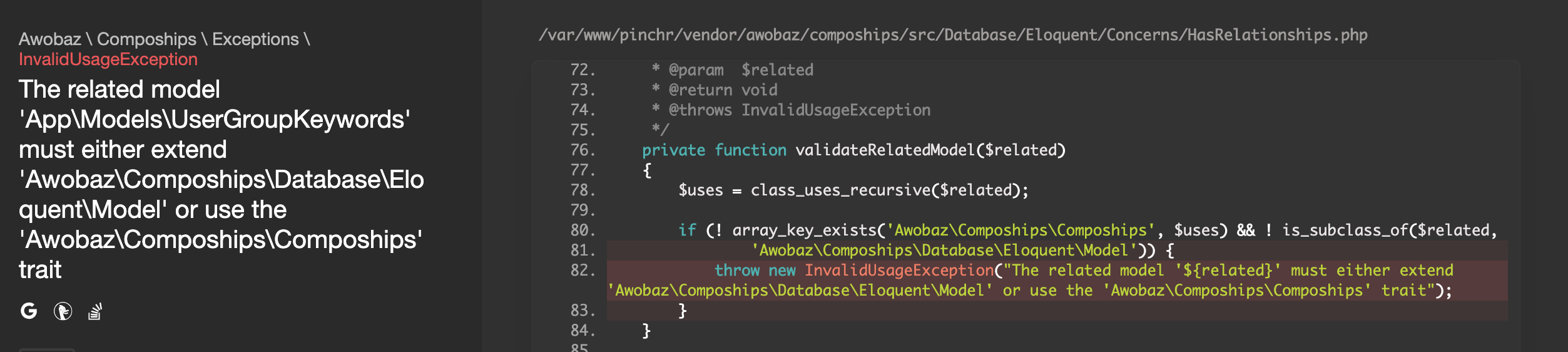 The related model 'App\Models\...' must either extend 'Awobaz\Compoships\Database\Eloquent\Model ...