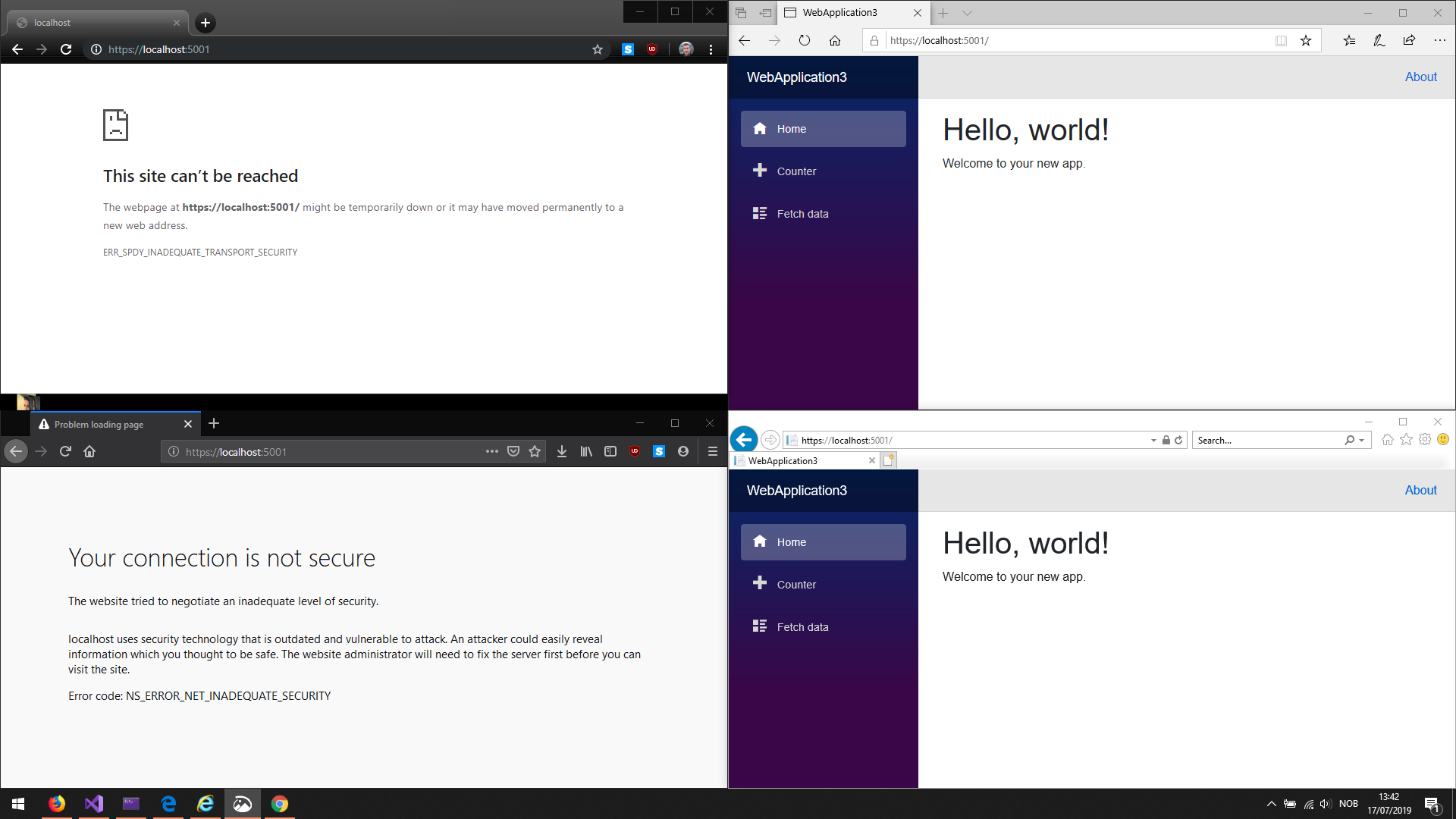 The preview 6 Blazor (server-side) default project website doesn't work on Chrome and Firefox ...