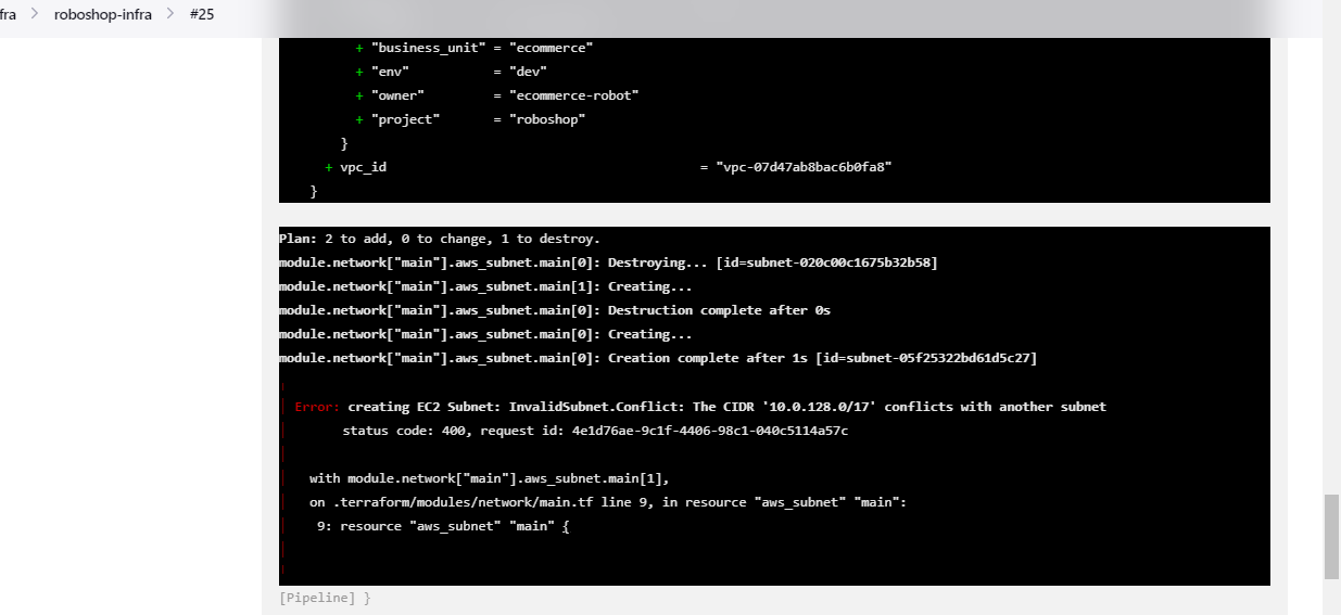 creating EC2 Subnet: InvalidSubnet.Conflict: The CIDR '10.0.128.0/17' conflicts with another ...