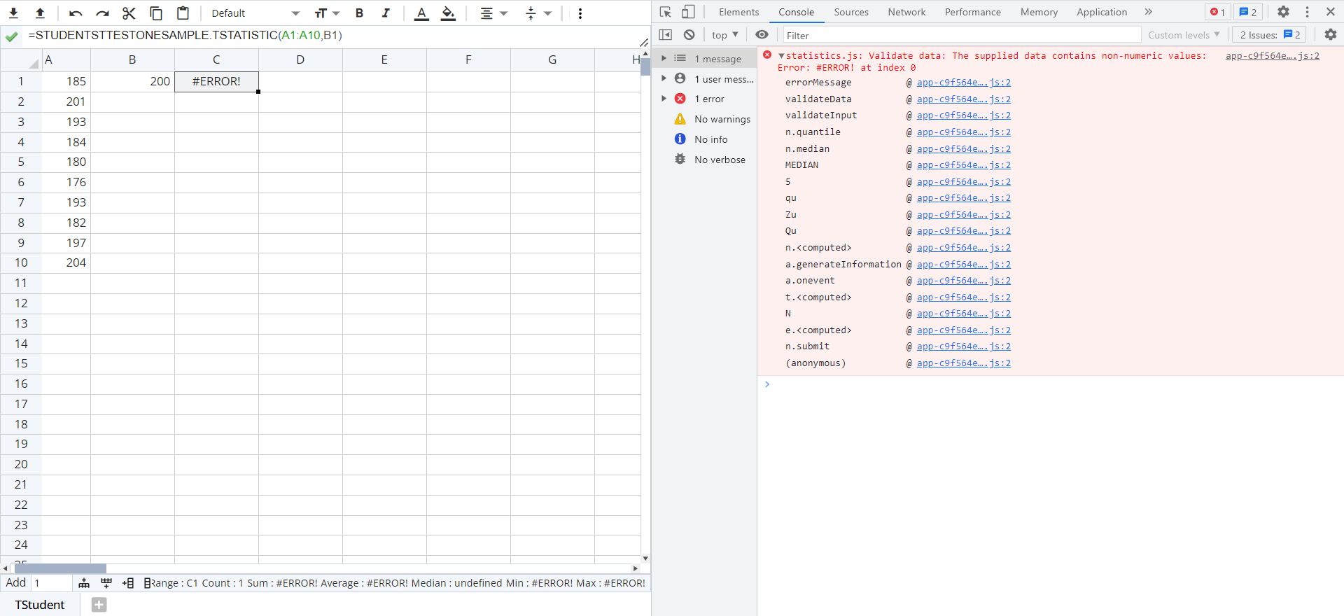 Errors on invocations statistical test functions (Student, Chi ...