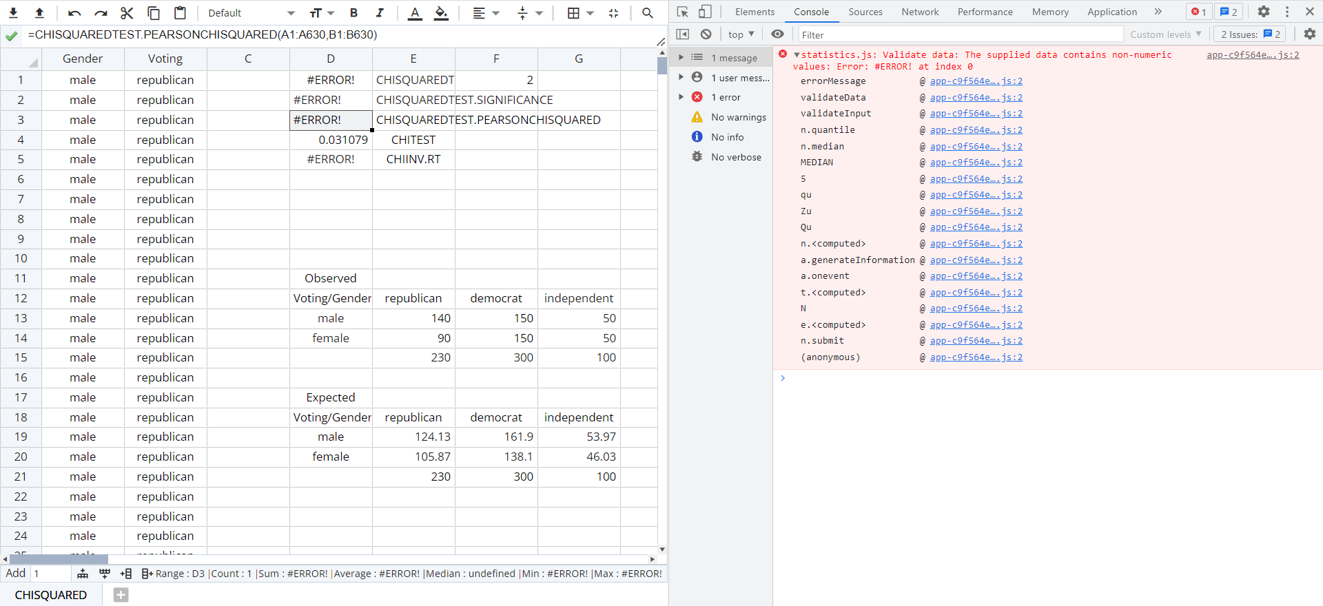 Errors on invocations statistical test functions (Student, Chi ...