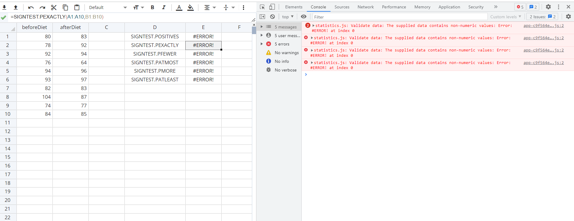 Errors on invocations statistical test functions (Student, Chi ...