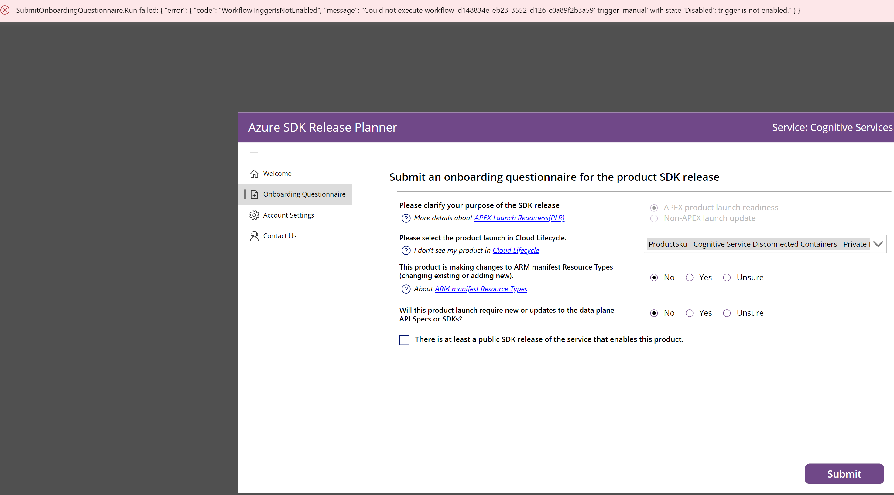 Error When Submitting Questionnaire · Issue 4268 · Azureazure Sdk Tools · Github 