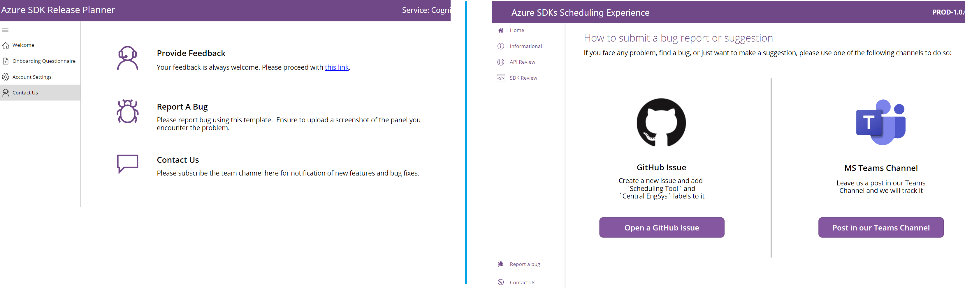 Consolidate Contact Us/report a bug pages between Release Planner and Scheduler apps · Issue ...