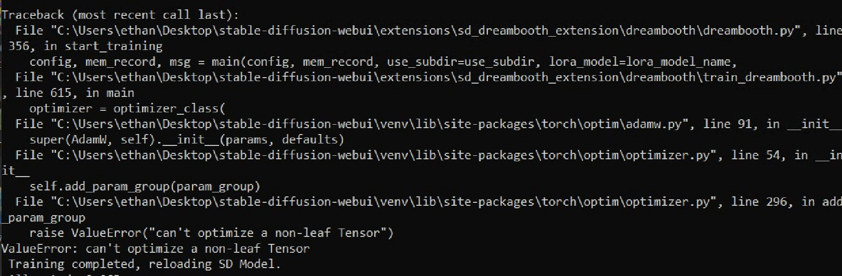Cannot Optimize Leaf Tensor On Newest Version Of Both Base Webui And Dreambooth · Issue 509