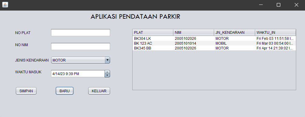 GitHub - Azizah-laili/Aplikasi-Parkir-Kampus-Basis-Java-GUI: Projek ini merupakan tugas kampus