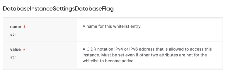 DatabaseInstanceSettingsDatabaseFlag documentation is misleading · Issue #784 · pulumi/pulumi ...