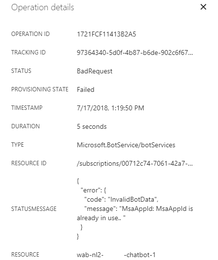 Error: MSA App ID already in use thrown while provisioning a new Bot Service in Azure using ARM ...