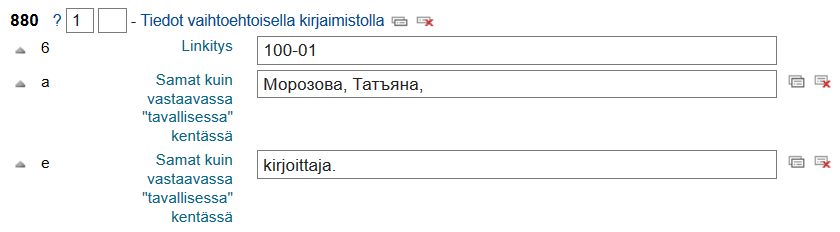 Translitteroimaton tekijätieto ei näy translitteroimattoman nimeketiedon perässä ...