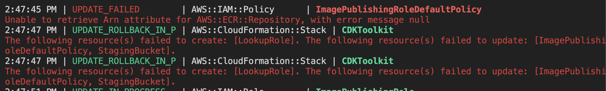 CDK Bootstrap Failure Bootstrapping Due To Arn Attribute For AWS ECR 