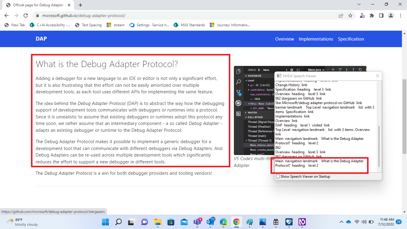 A11y_Visual Studio Code Client_Sep2021_Debug Adapter Protocol_Home Page_ScreenReader: Narrator ...