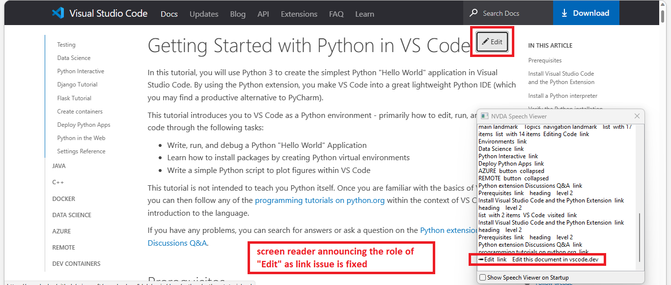 A11y_Visual Studio Code Services_Docs Python_Tutorial_DeveloperTool: Incorrect role given for ...
