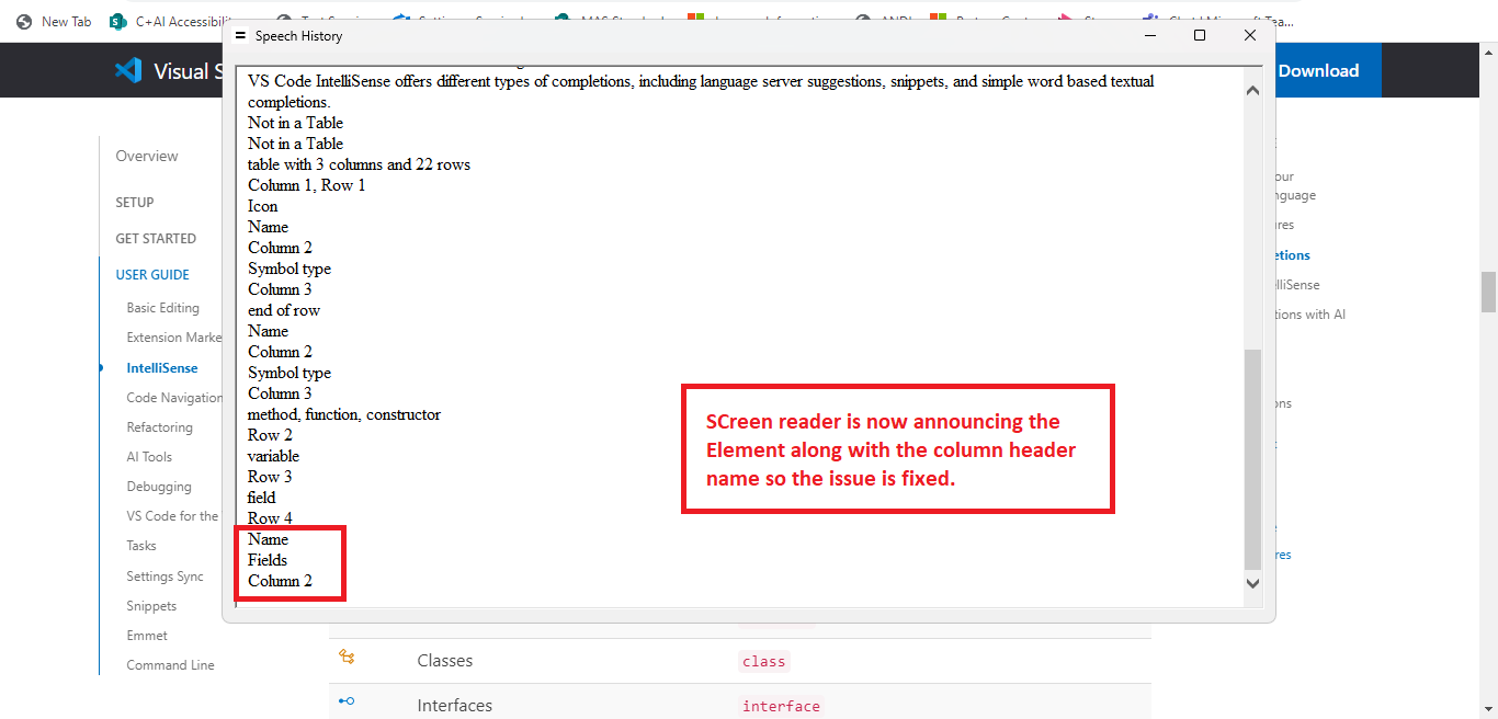 A11Y_Visual Studio Code Services_Docs User Guide_IntelliSense_ScreenReader:Column two is not ...