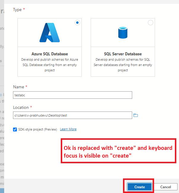 A11y_AzureDataStudioSQL_Projects_CreateNewProject_Keyboard: Keyboard focus is not visible on "Ok ...