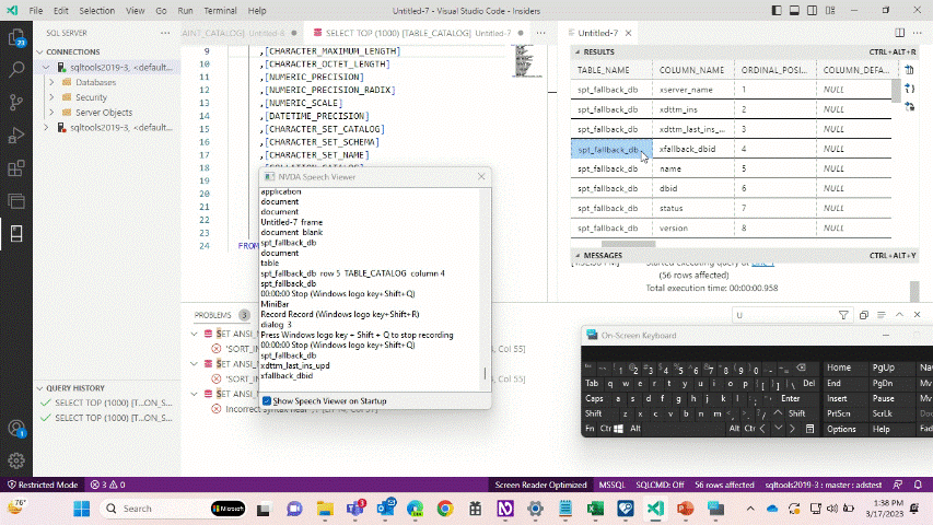 A11y_mssql for VSCode_mssql Extension_Select top 1000 Results window_ScreenReader: Screen reader ...