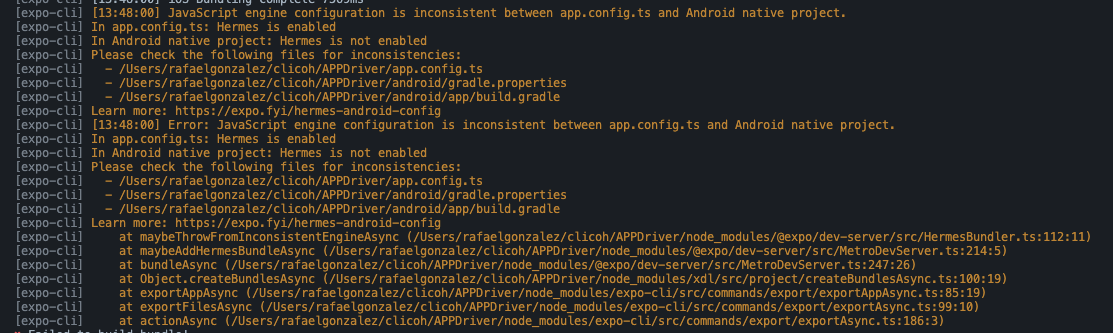 JavaScript engine configuration is inconsistent between app.config.ts and Android native project ...