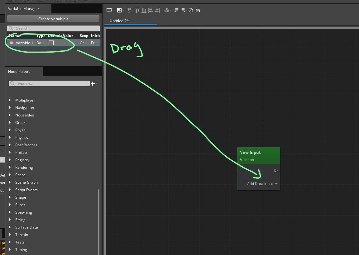 Script Canvas: Feature Request: Drag and drop variables into user function execution nodelings ...