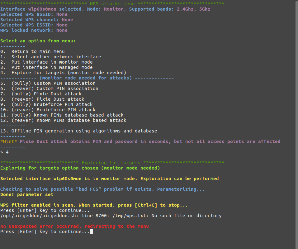 /opt/airgeddon/airgeddon.sh: line 8700: /tmp/wps.txt: No such file or ...