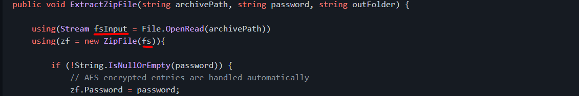 Uncompilable Code in Unzip example on Wiki · Issue #596 · icsharpcode/SharpZipLib · GitHub