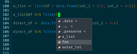 Auto completion does not work in a dplyr pipe when the piped object is ...