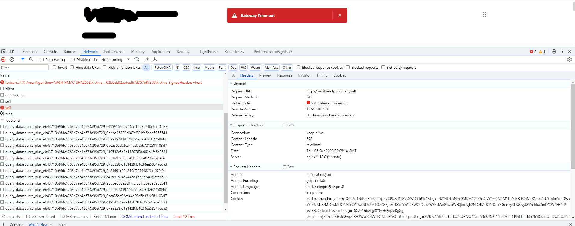 Timeout error loading app homepage with API http://budibase.lp.corp/api/self · Budibase budibase ...