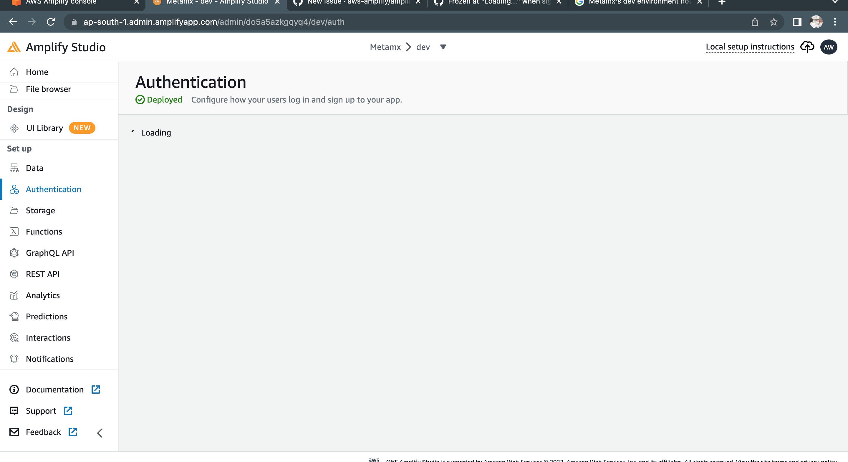 aws amplify authentication keeps loading · Issue #652 · aws-amplify/amplify-studio · GitHub