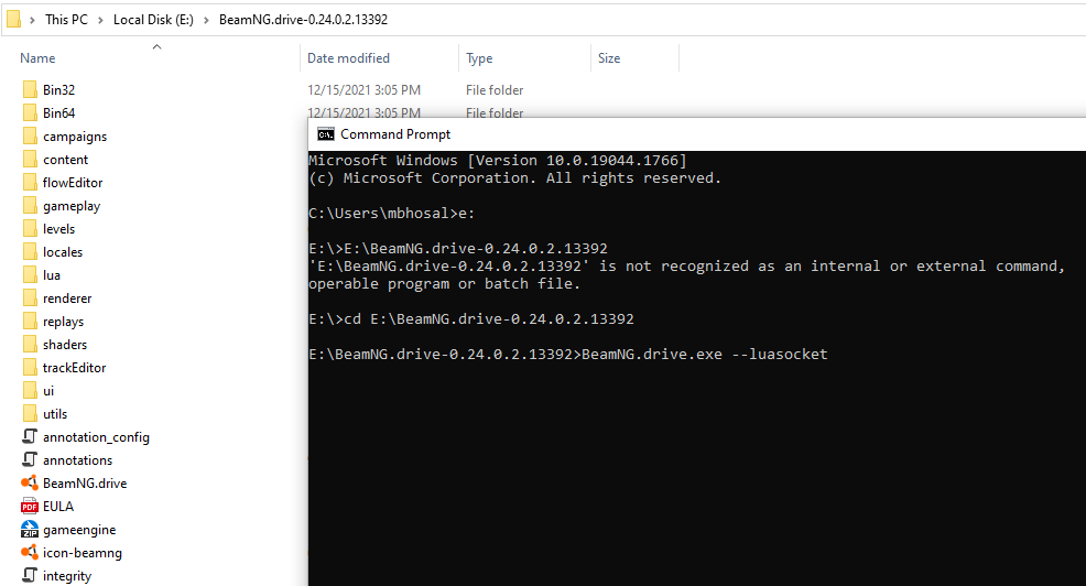 Connecting Beamngpy to the simulator - adding "-luasocket" extension ...